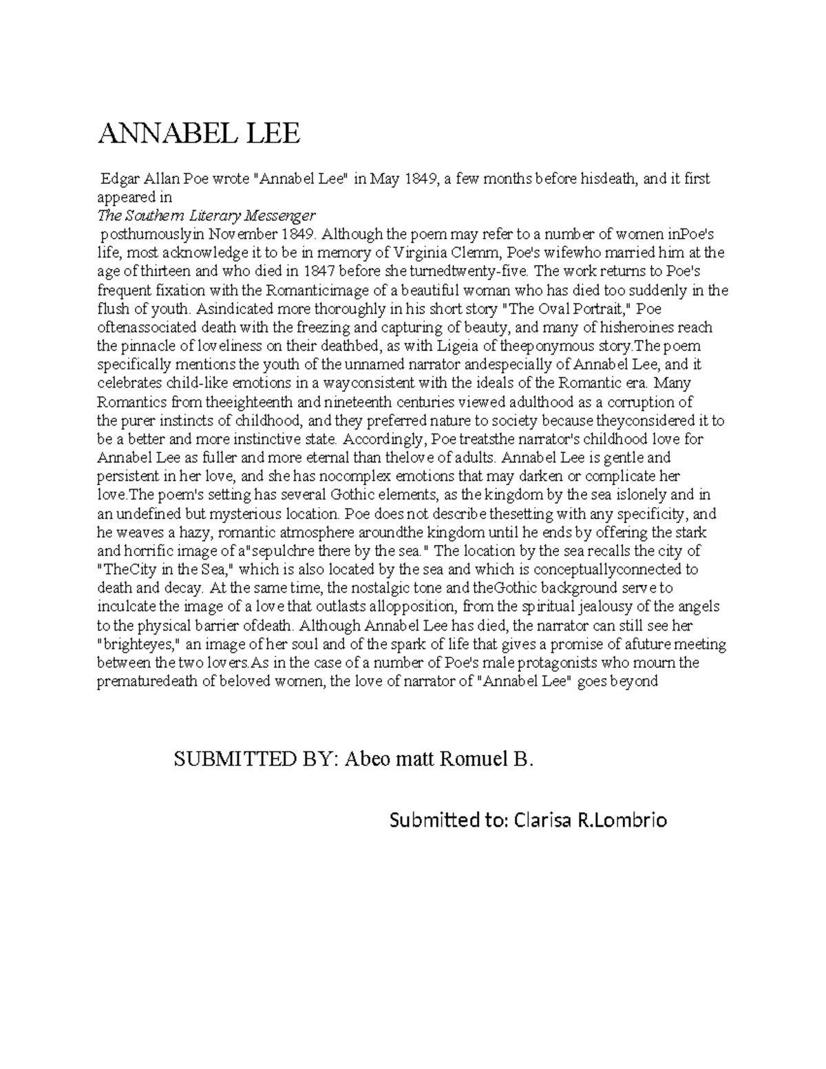 Annabel Lee assignment - ANNABEL LEE Edgar Allan Poe wrote "Annabel Lee ...