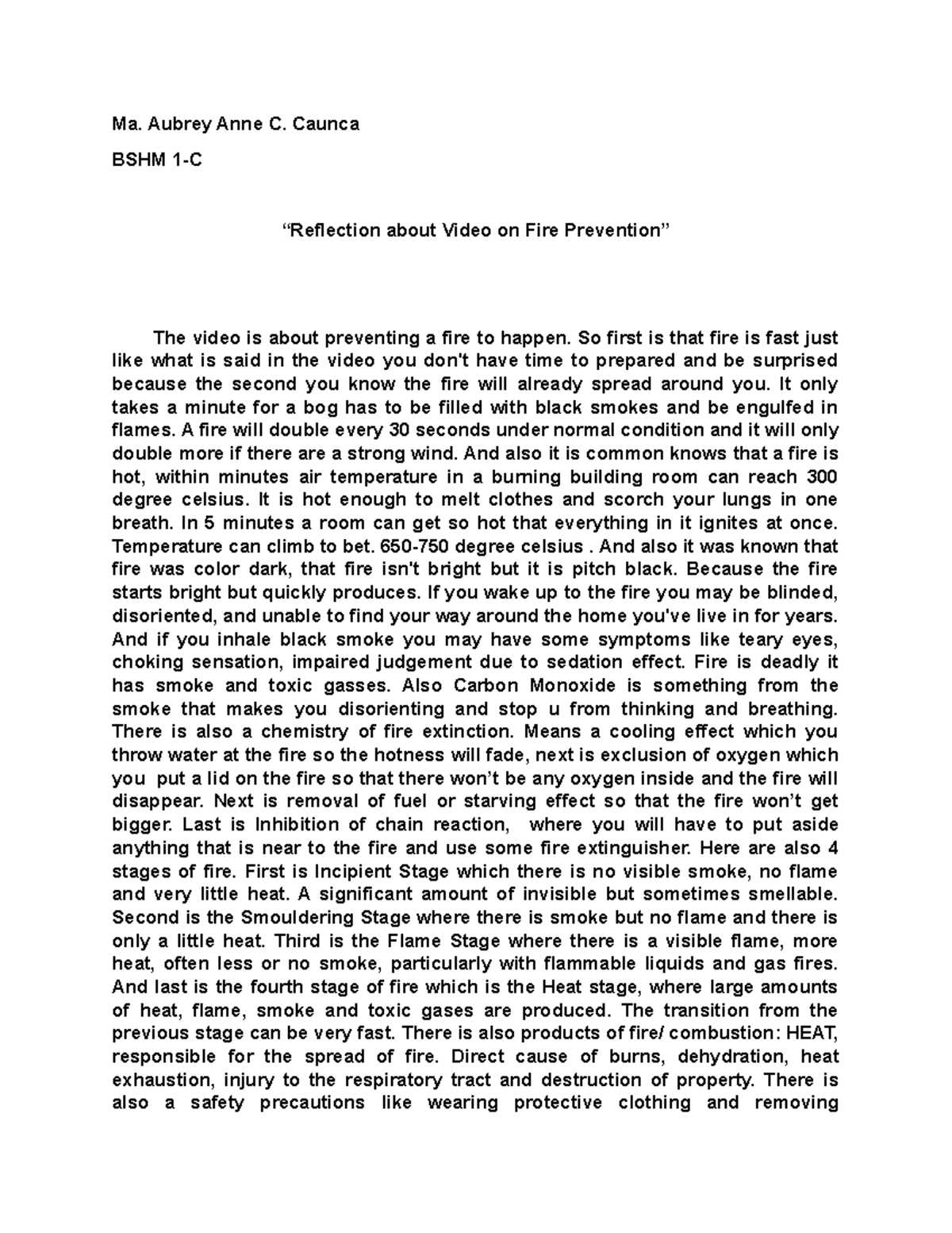 Reflection 1, Fire Prevention - Ma. Aubrey Anne C. Caunca BSHM 1-C ...