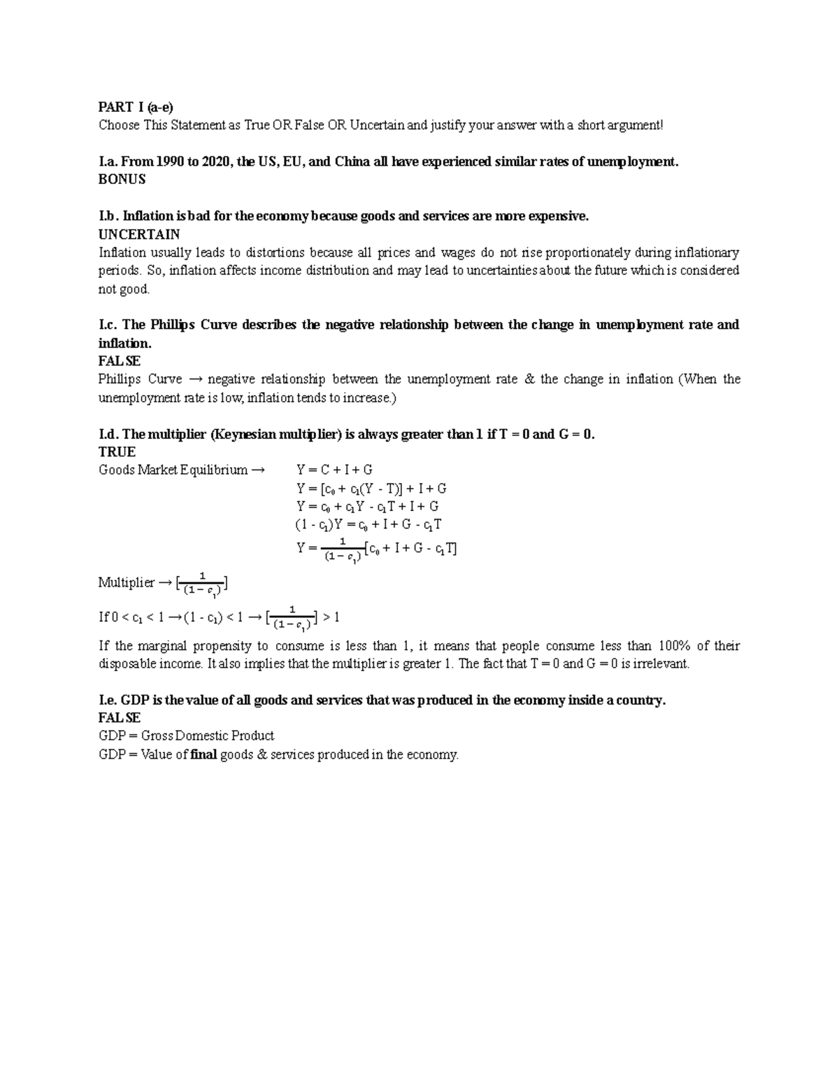 Solution of Problem Set 1 Semester 3 - PART I (a-e) Choose This ...