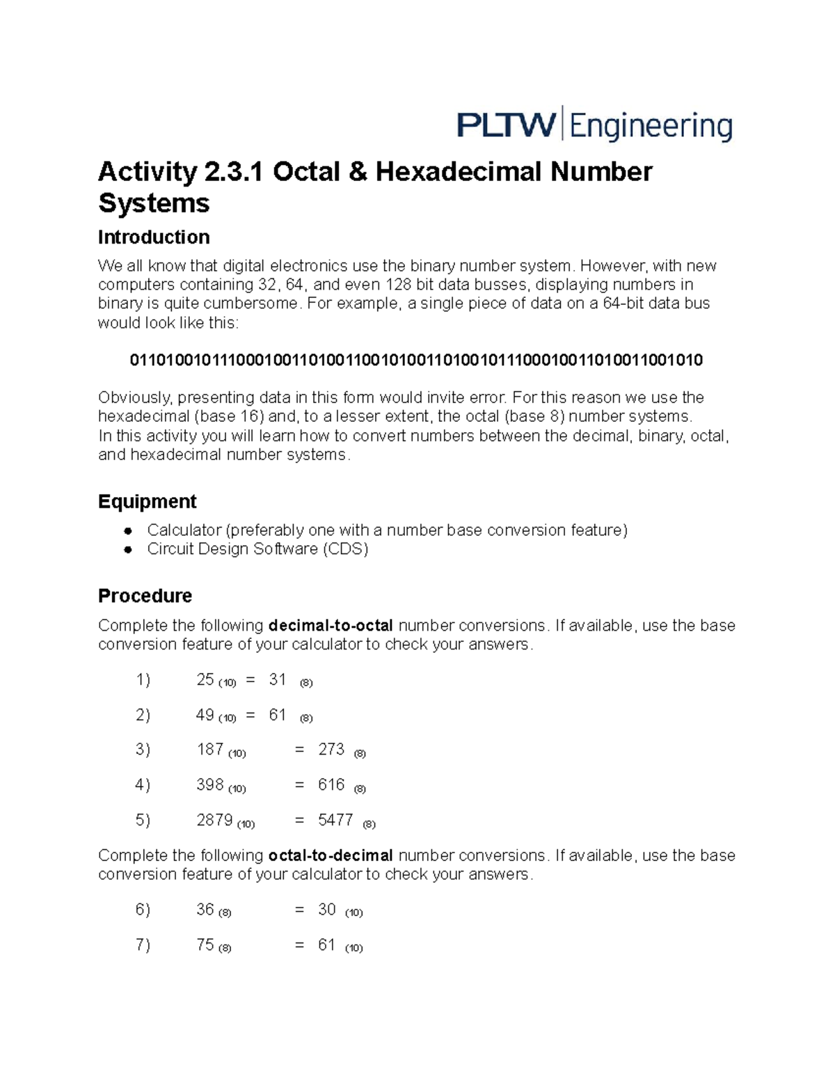 Activity Conversion Binary Decimal Hexadecimal Octal Activity 2 3
