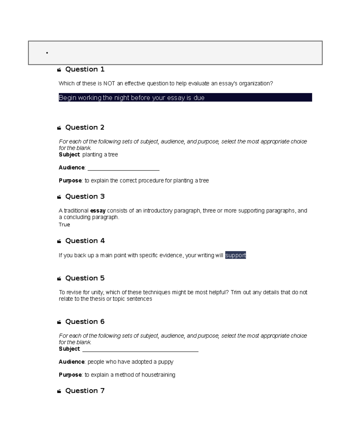 Quiz - The Writing Process - Question 1 Which of these is NOT an ...