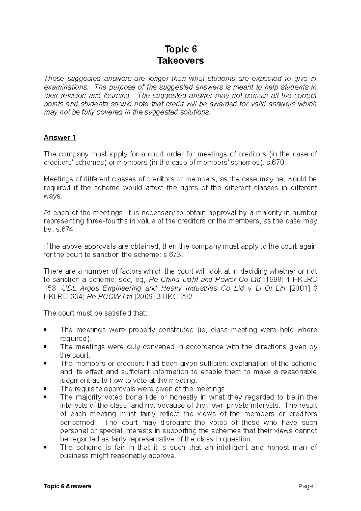 Topic 6 Answers (Complete) - Topic 6 Takeovers These suggested answers ...