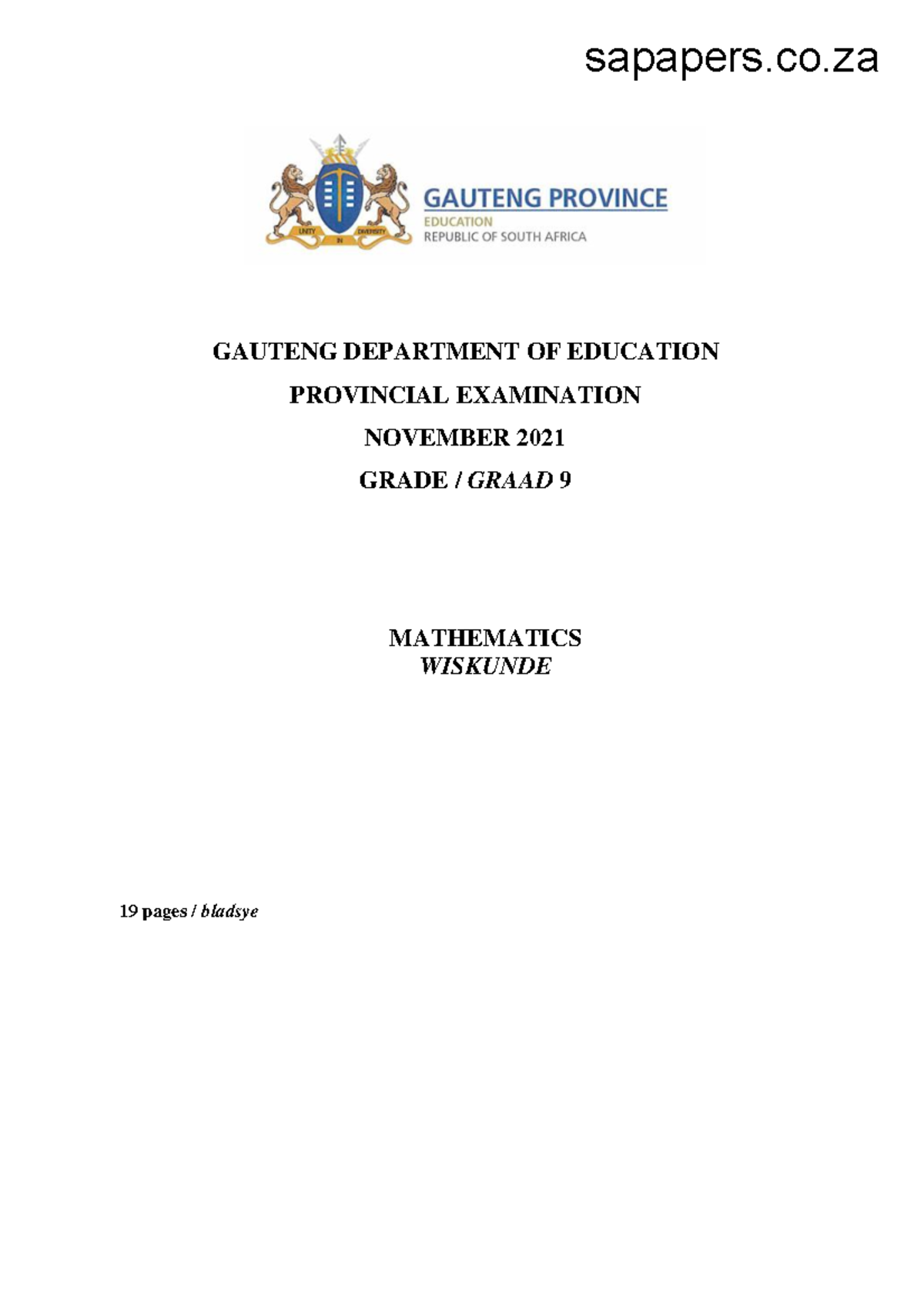 2021 Grade 9 Maths Final EXAM GP - WTW 134 - GAUTENG DEPARTMENT OF ...
