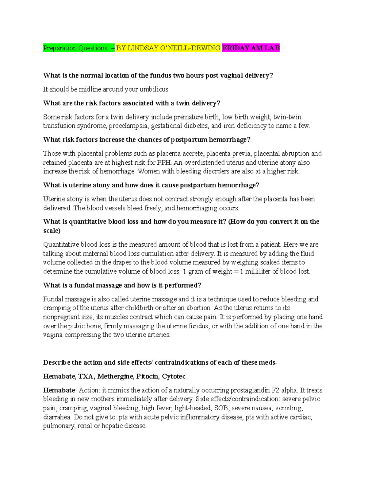 OB prep Q Linds - prep questions or lab - Preparation Questions – BY ...
