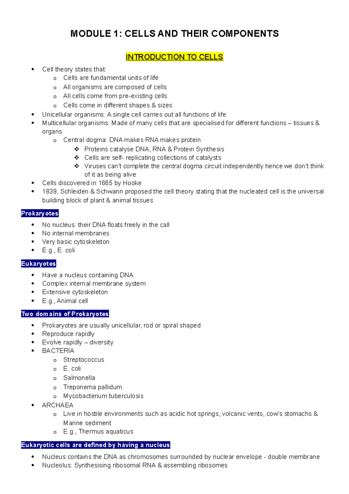 Module 1 - MODULE 1: CELLS AND THEIR COMPONENTS INTRODUCTION TO CELLS ...