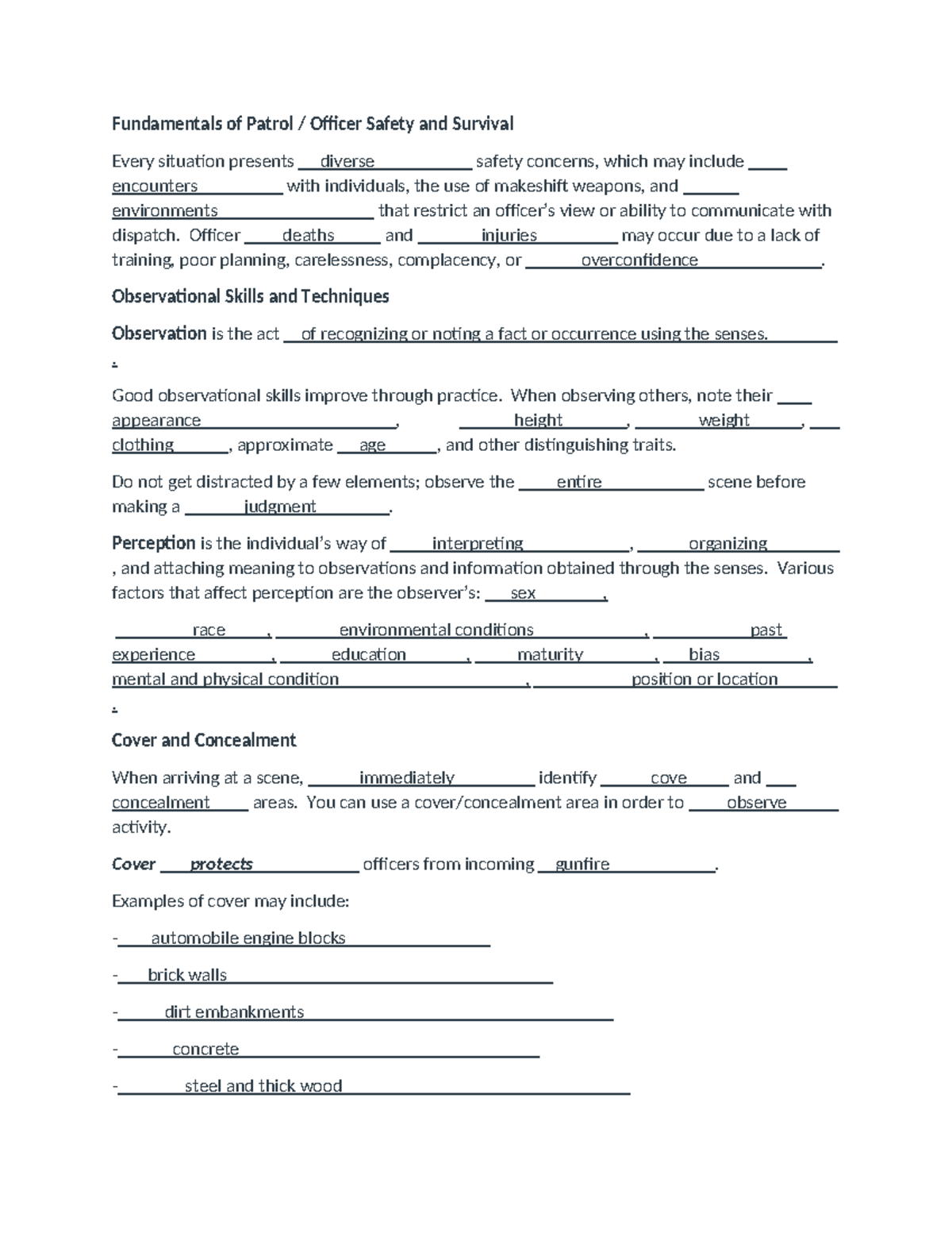 Officer safety and survival worksheet - Fundamentals of Patrol ...