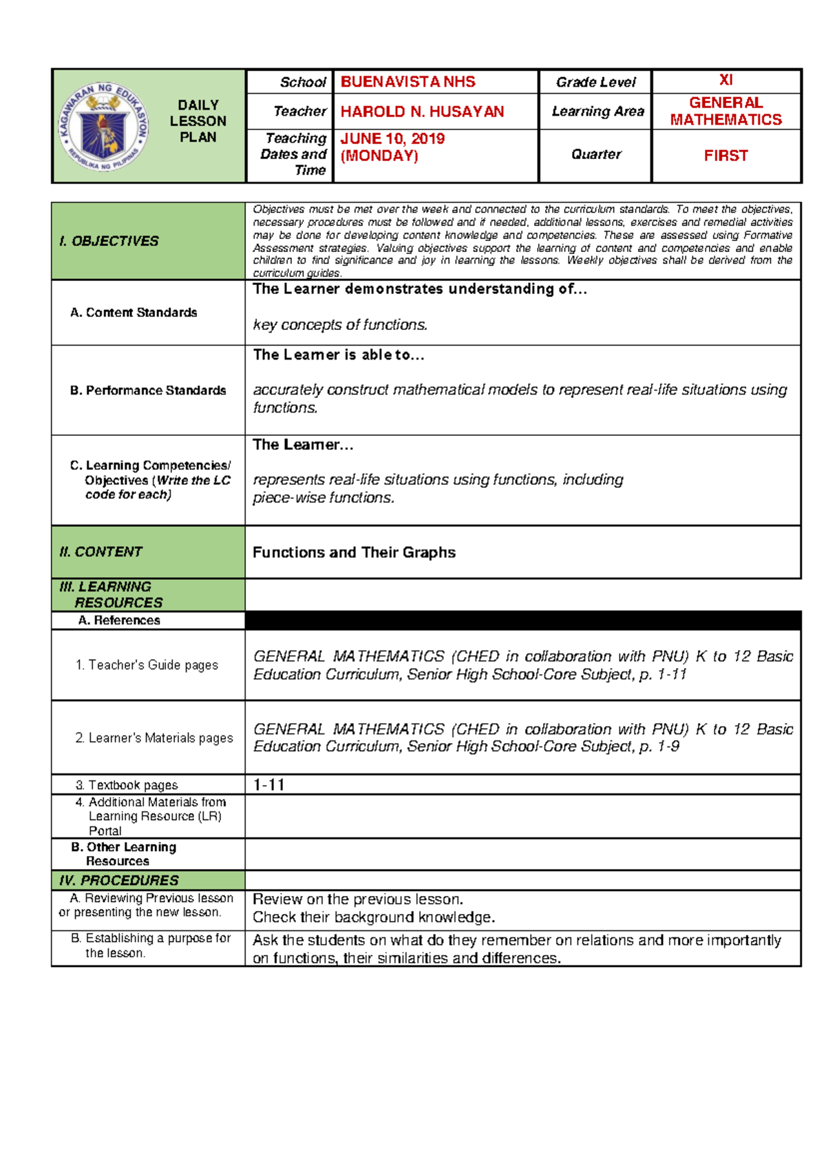 Lesson plan in general mathematics - DAILY LESSON PLAN School ...