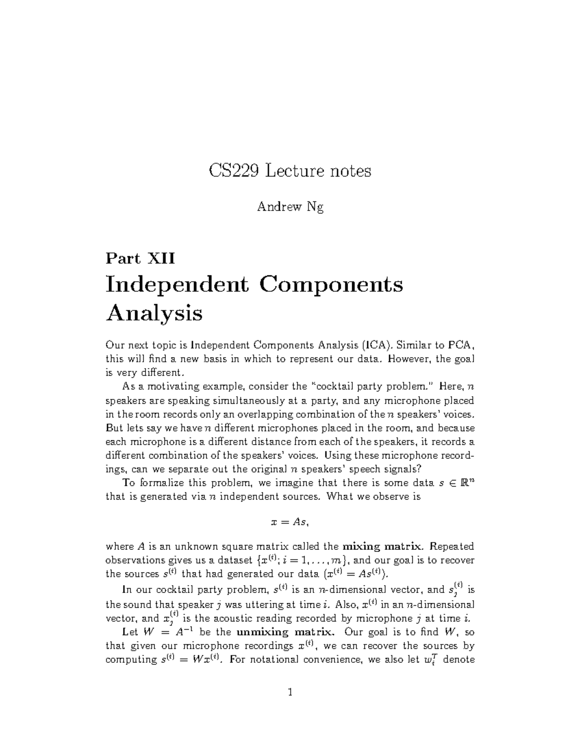 Cs229 Notes 11 Lecture Notes Cs229 Lecture Notes Andrew Ng Part Xii Independent Components