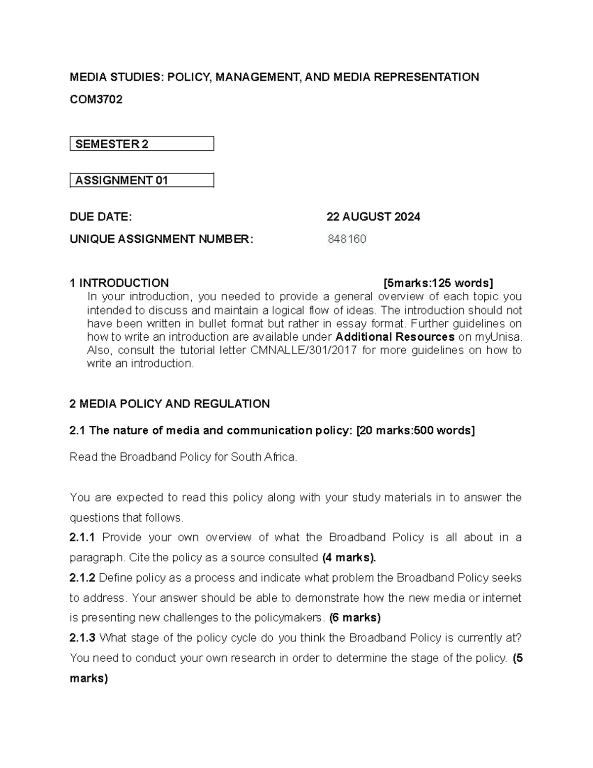 Updated 2nd Sem Assignment 1 - MEDIA STUDIES: POLICY, MANAGEMENT, AND ...