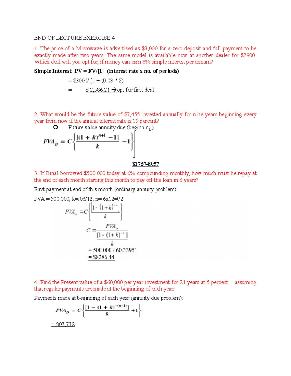 END OF Lecture Exercise 4 - END OF LECTURE EXERCISE 4 1 .The price of a ...