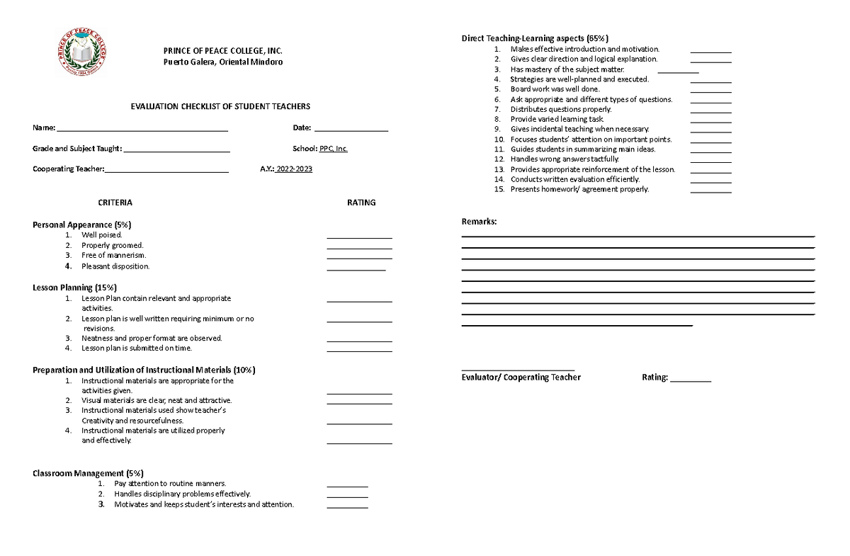 Evaluation-Checklist - PRINCE OF PEACE COLLEGE, INC. Puerto Galera ...