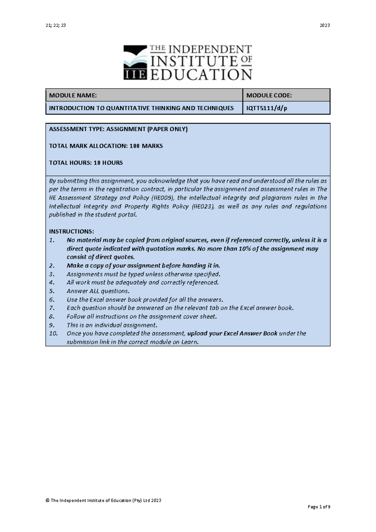 IQTT5111A1 FT - For assignments - MODULE NAME: MODULE CODE: INTRODUCTION TO QUANTITATIVE ...