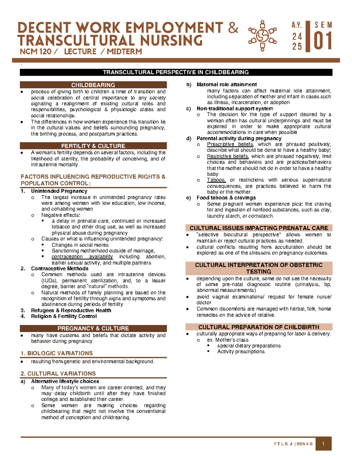 Trancultural lecture note - ` F.T.L. J. | BSN 4 - B 1 TRANSCULTURAL ...