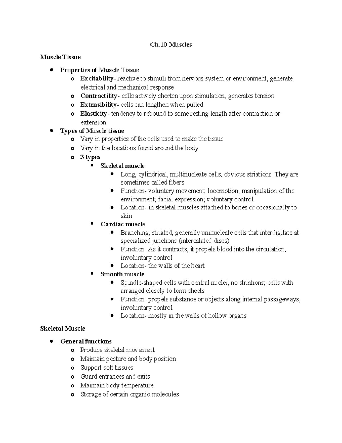 Ch.10 muscle - notes - Ch Muscles Muscle Tissue Properties of Muscle ...