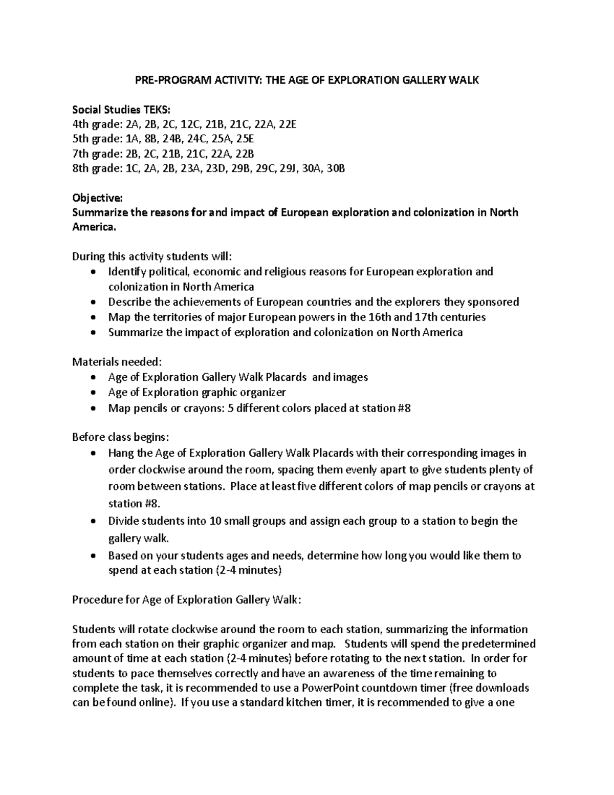 Exploration gallery walk - PRE-PROGRAM ACTIVITY: THE AGE OF EXPLORATION ...