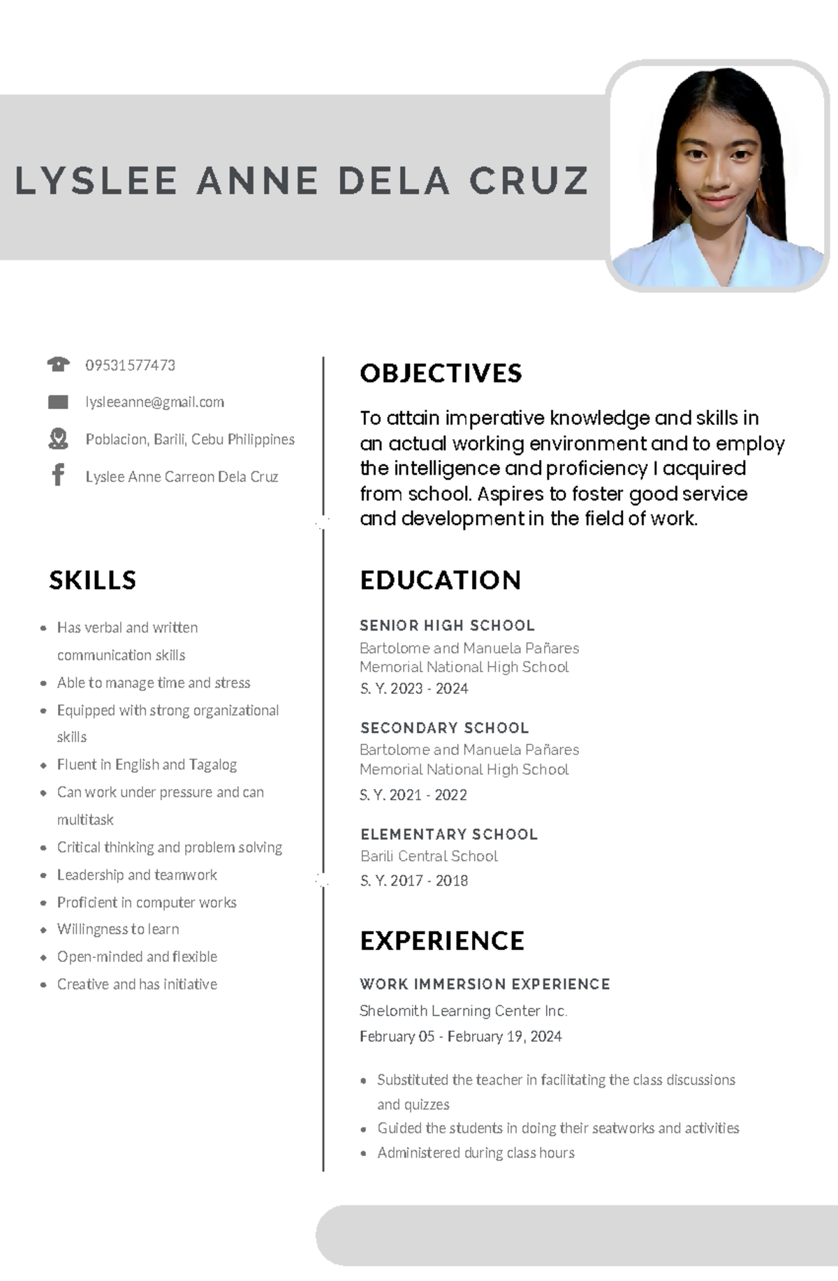 Resume for work immersion - L Y S L E E A N N E D E L A C R U Z Has ...