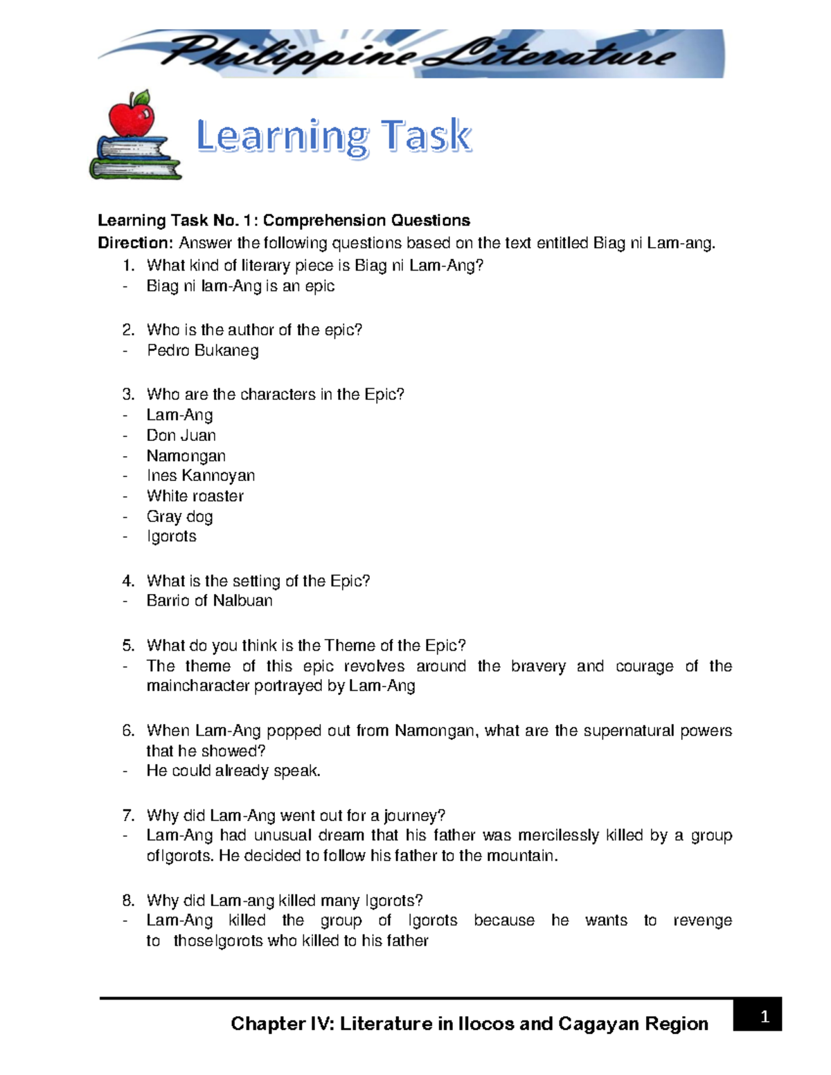 Chapter IV - Learning TASK - Literature IN Ilocos AND C - 2017 3362 ...