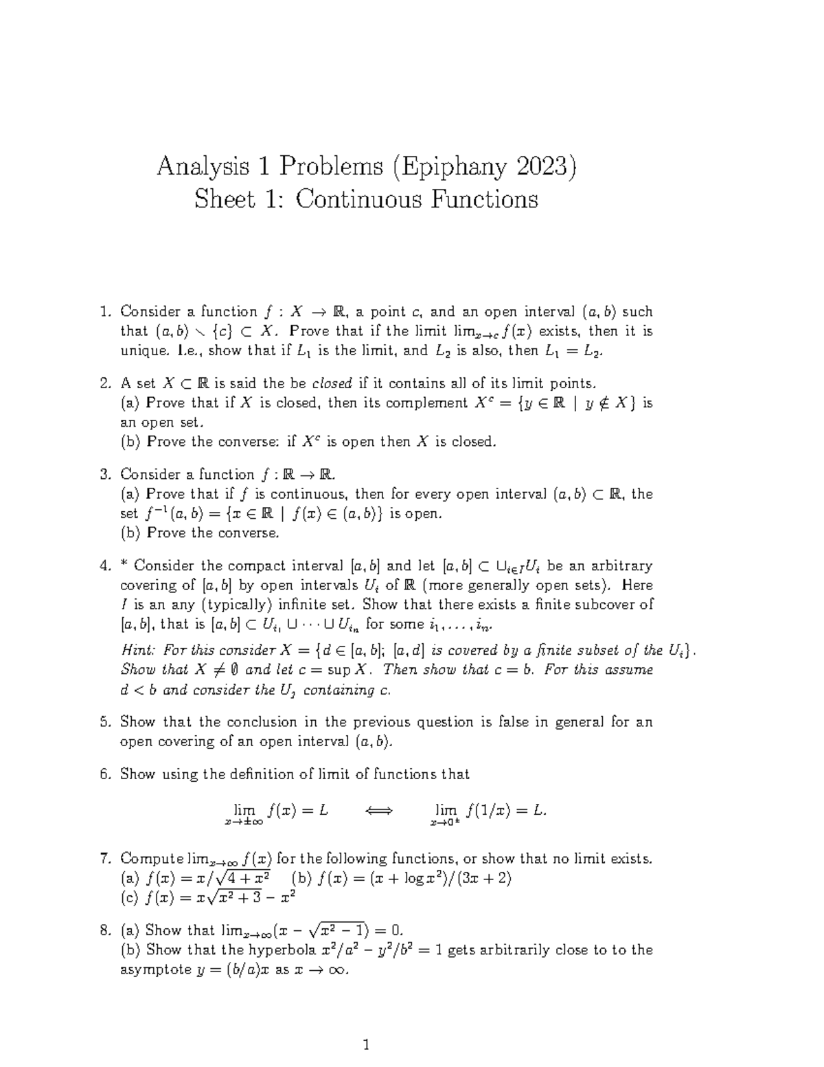 Analysis Epiphany Problem Sheet 1 - Analysis 1 Problems (Epiphany 2023) Sheet 1: Continuous ...