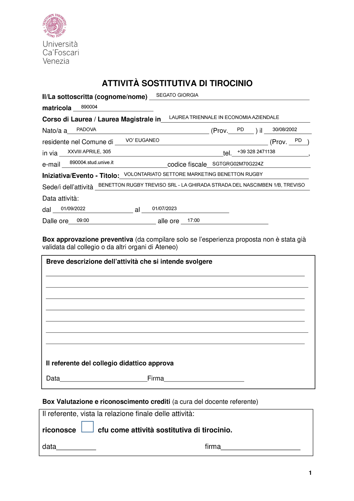 Modulo-attivita-sostitutiva-tirocinio Segato Giorgia 890004 - 1 ...
