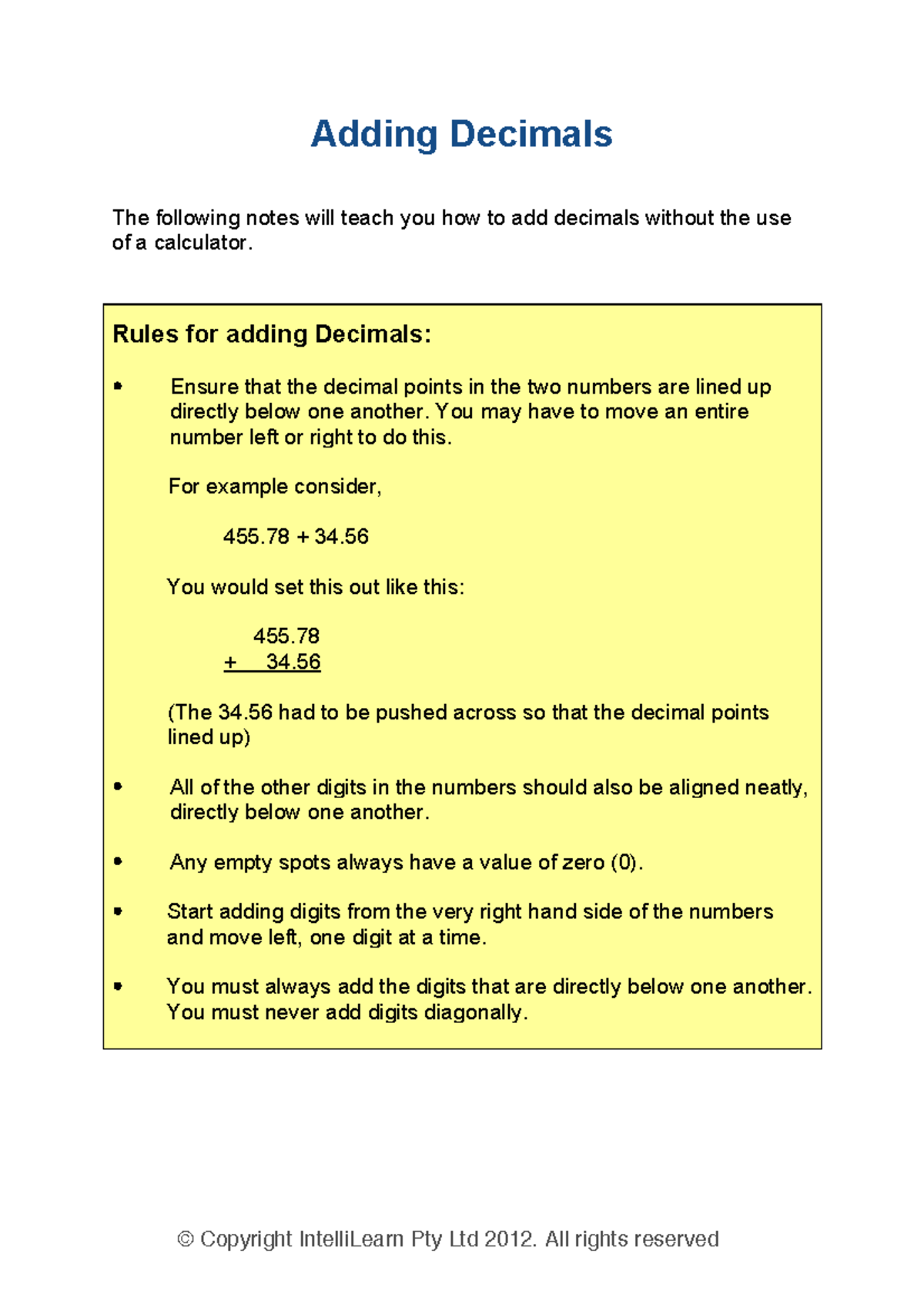P13-13002 - Med Cal - Adding Decimals The following notes will teach ...