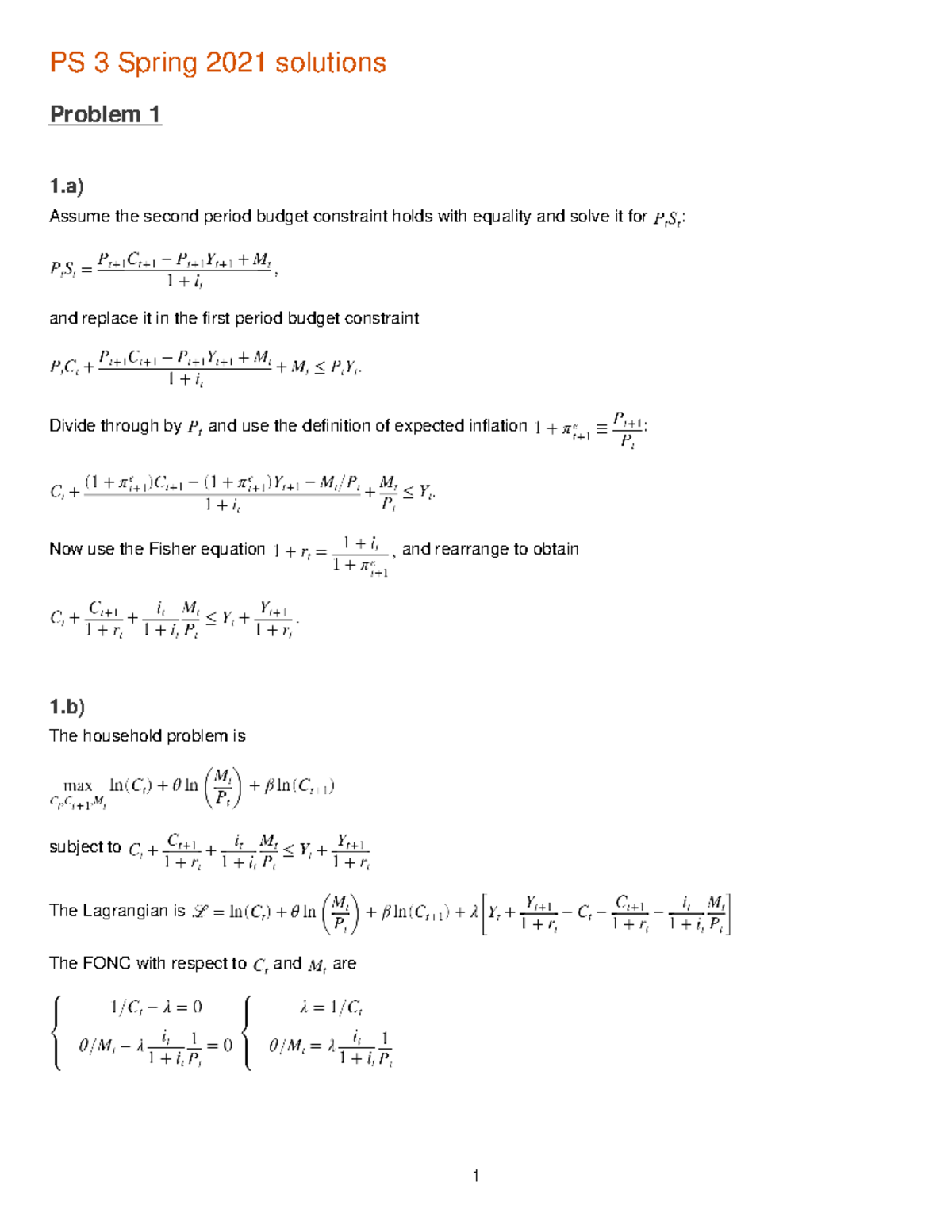 Ps3 solutions - PS 3 Spring 2021 solutions Problem 1 1) Assume the second period budget ...
