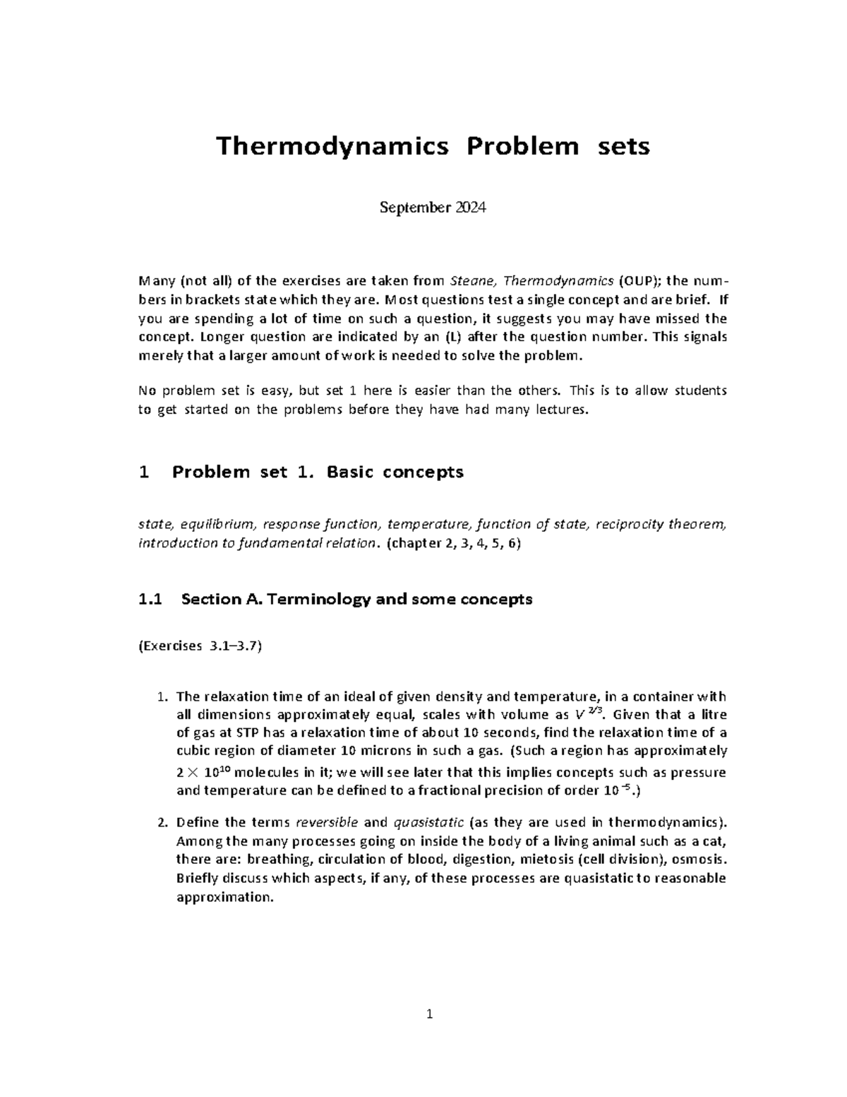 Thermo problem sets 2024 - Thermodynamics Problem sets September 2024 ...
