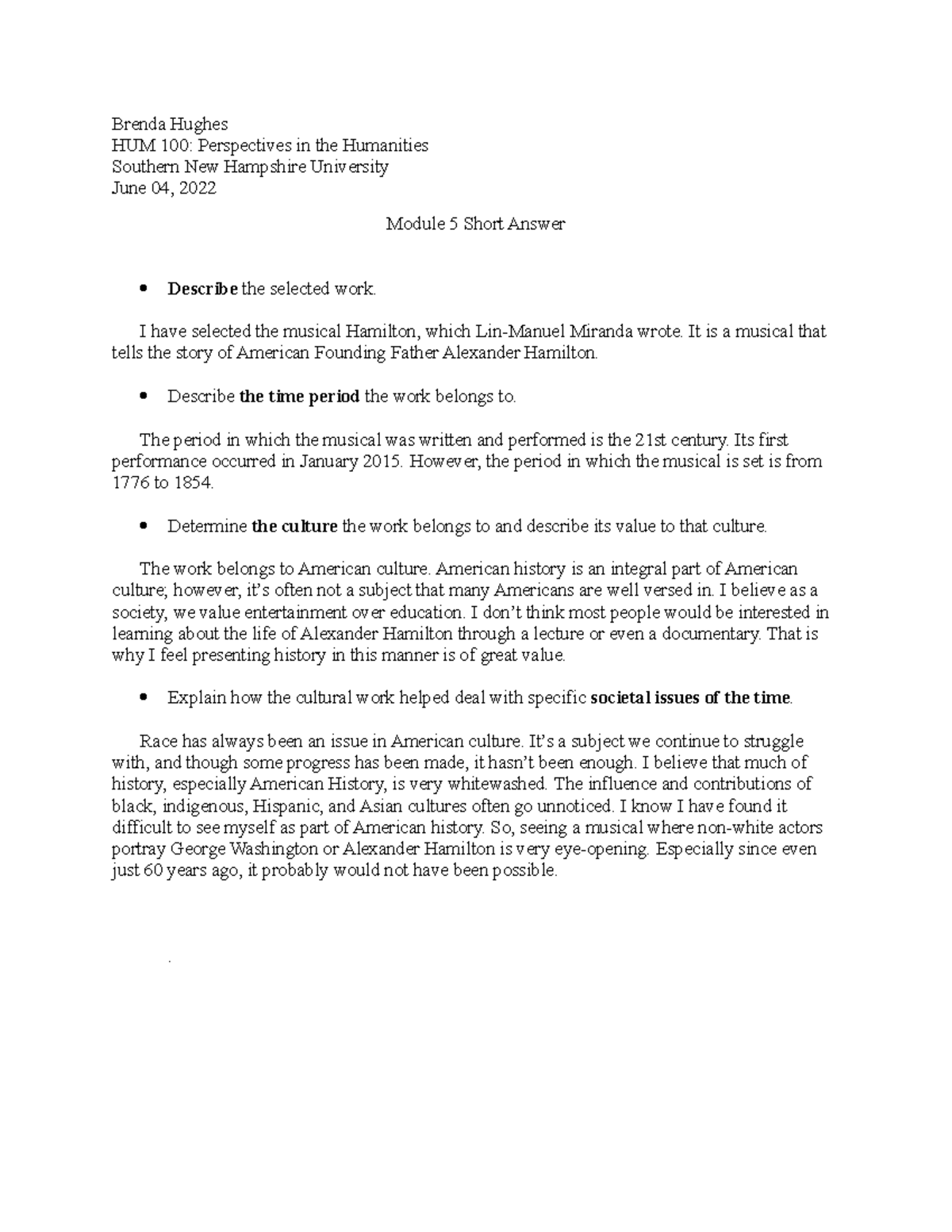 Module 5 Short Response HUM100 - Brenda Hughes HUM 100: Perspectives in ...