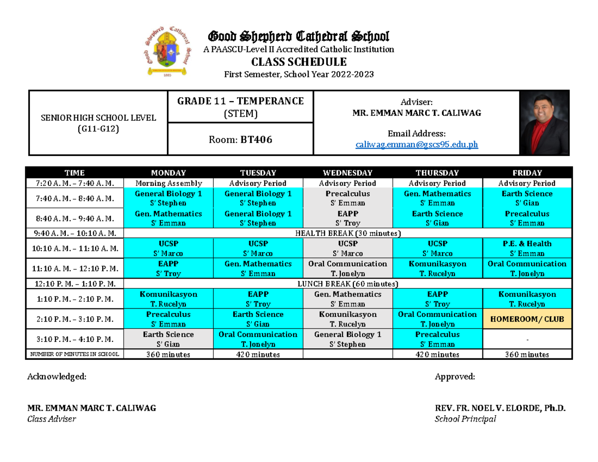 Grade 11 - Temperance Class Schedule - Good Shepherd Cathedral School A ...