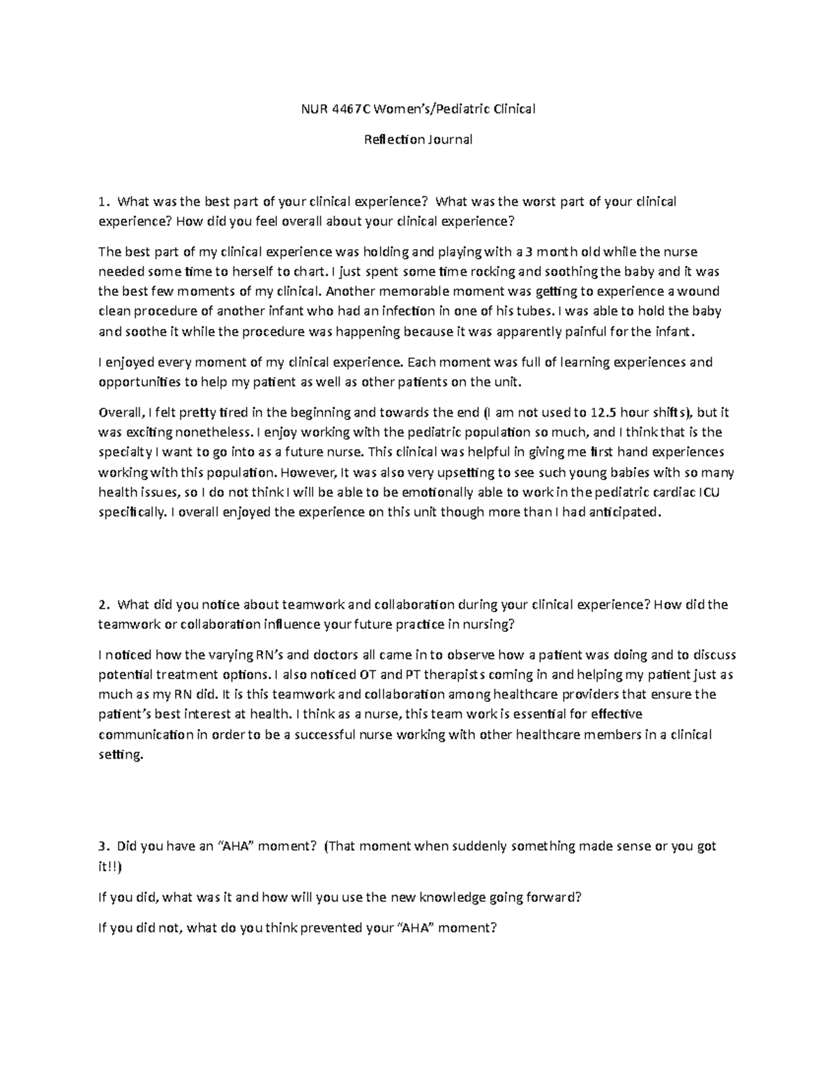 Speciality clinical reflection - NUR 4467C Women’s/Pediatric Clinical ...