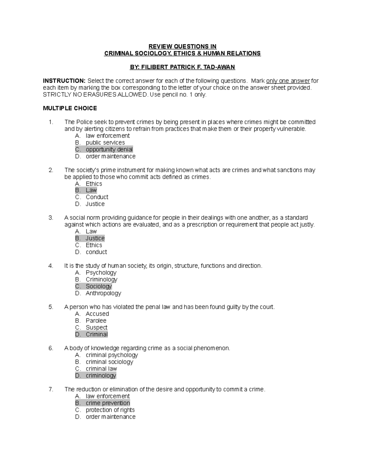 Criminal Sociology AND Ethics - REVIEW QUESTIONS IN CRIMINAL SOCIOLOGY ...