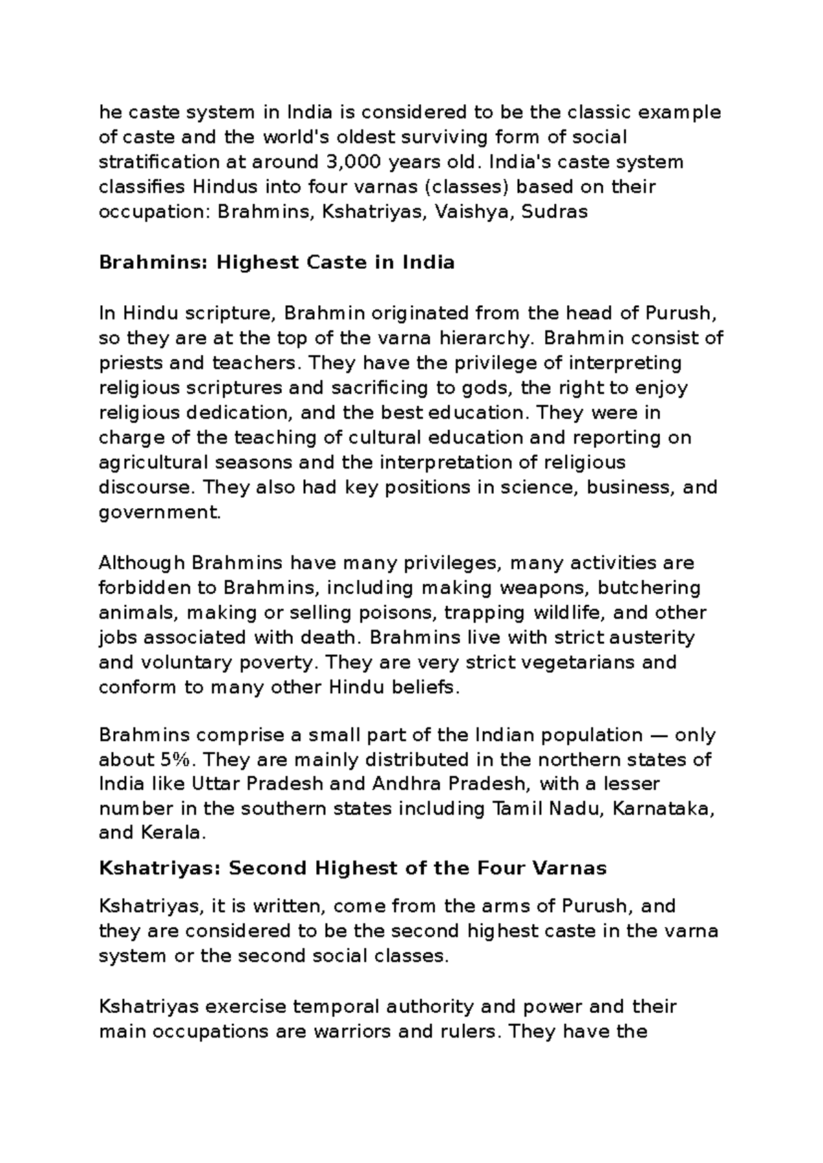 the caste system in India - India's caste system classifies Hindus into ...