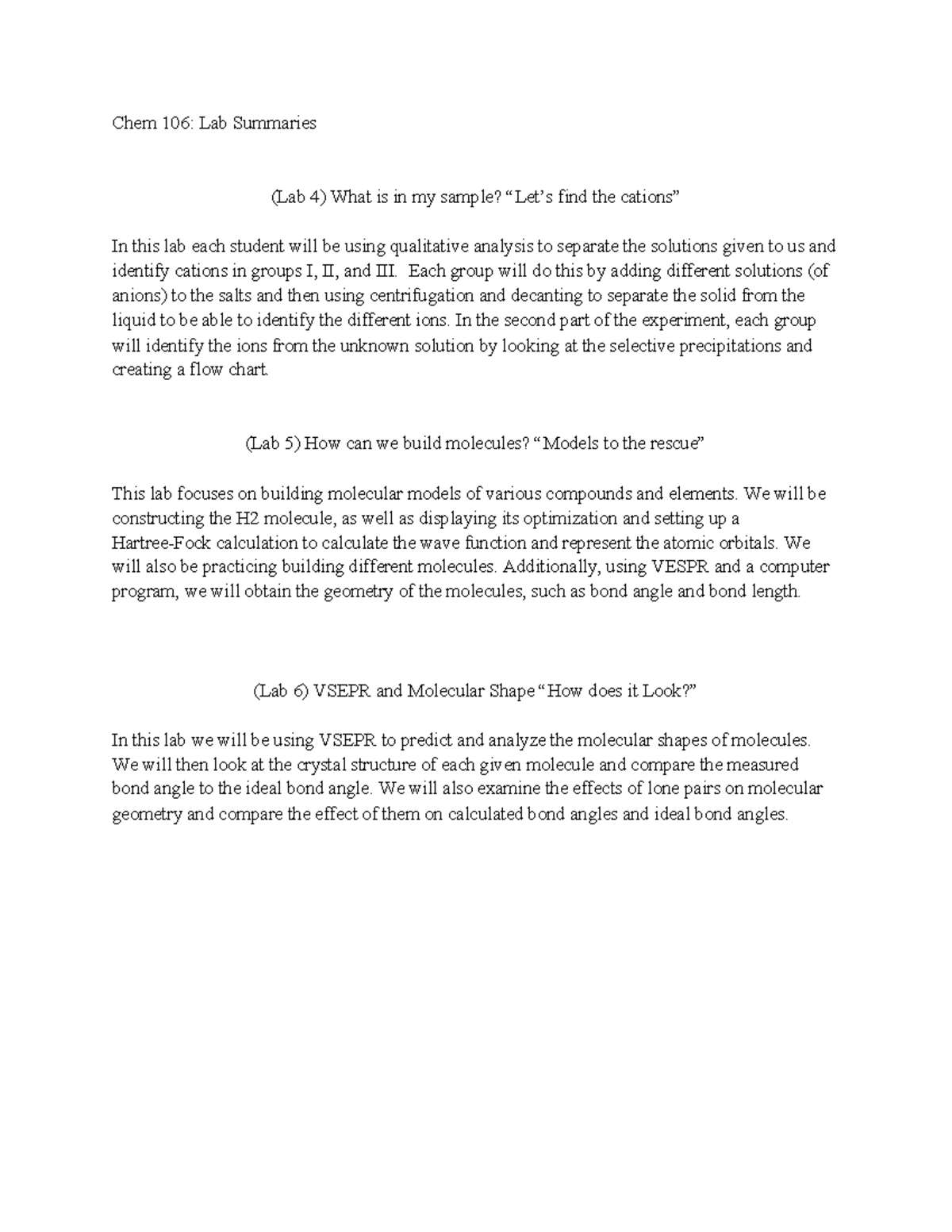 Notes to Share Chem 106 Summaries - Chem 106: Lab Summaries (Lab 4 ...