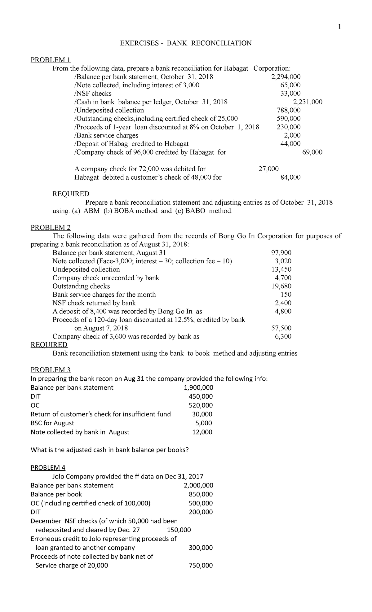 Exercises - BANK Recon - 1 - EXERCISES - BANK RECONCILIATION PROBLEM 1 ...