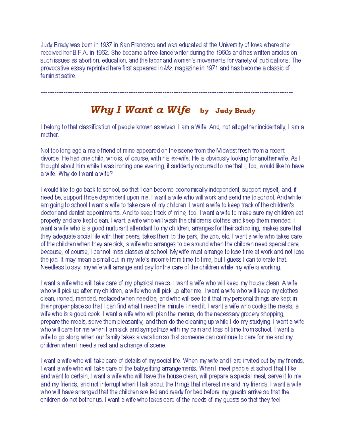 Why i want a wife text - fun stuff - Judy Brady was born in 1937 in San ...