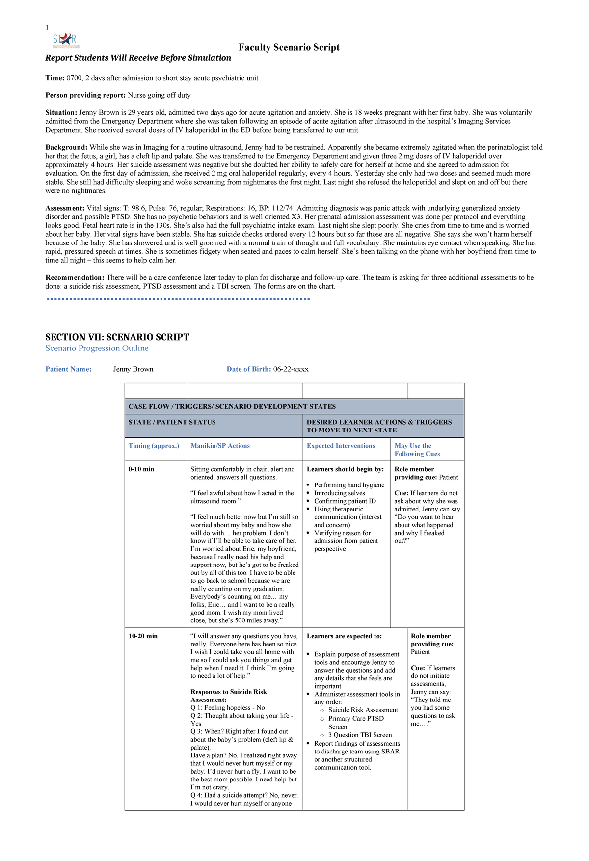 Scenario Script Jenny Brown - 1 Faculty Scenario Script Report Students ...