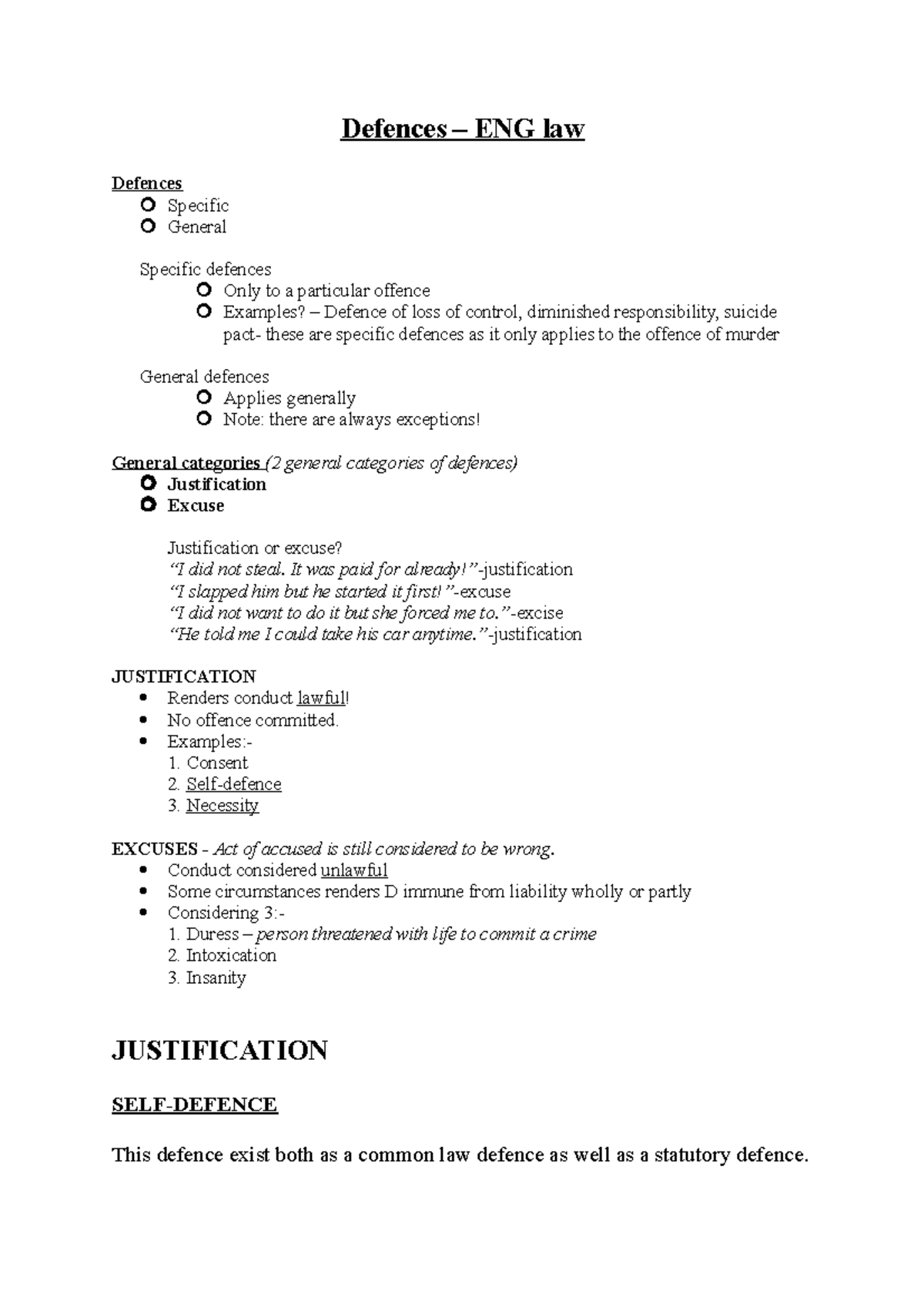 Defences - UK law - Defences – ENG law Defences Specific General ...