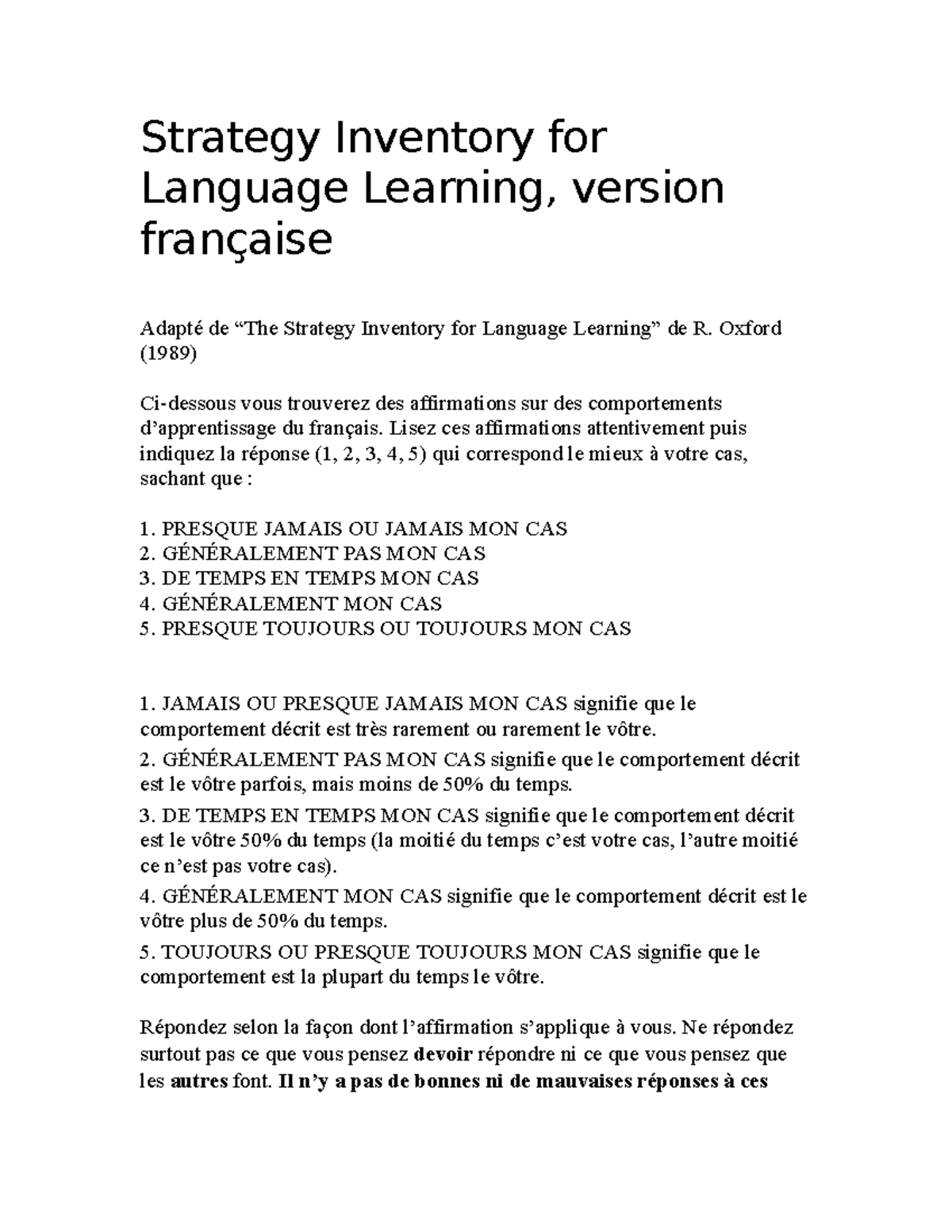 Questionnaire SILL en français - Strategy Inventory for Language ...