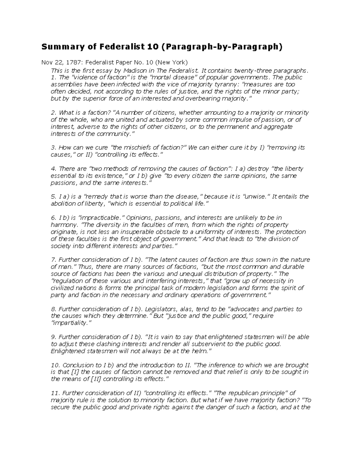 0828 federalist 10 - Summary of Federalist 10 (Paragraph-by-Paragraph ...