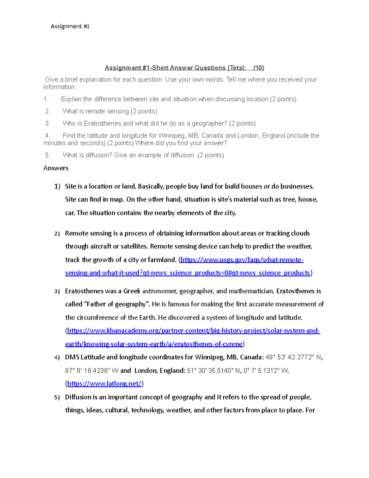 Assignment #1 questions and answers - GEOG 1280 - U of M - StuDocu