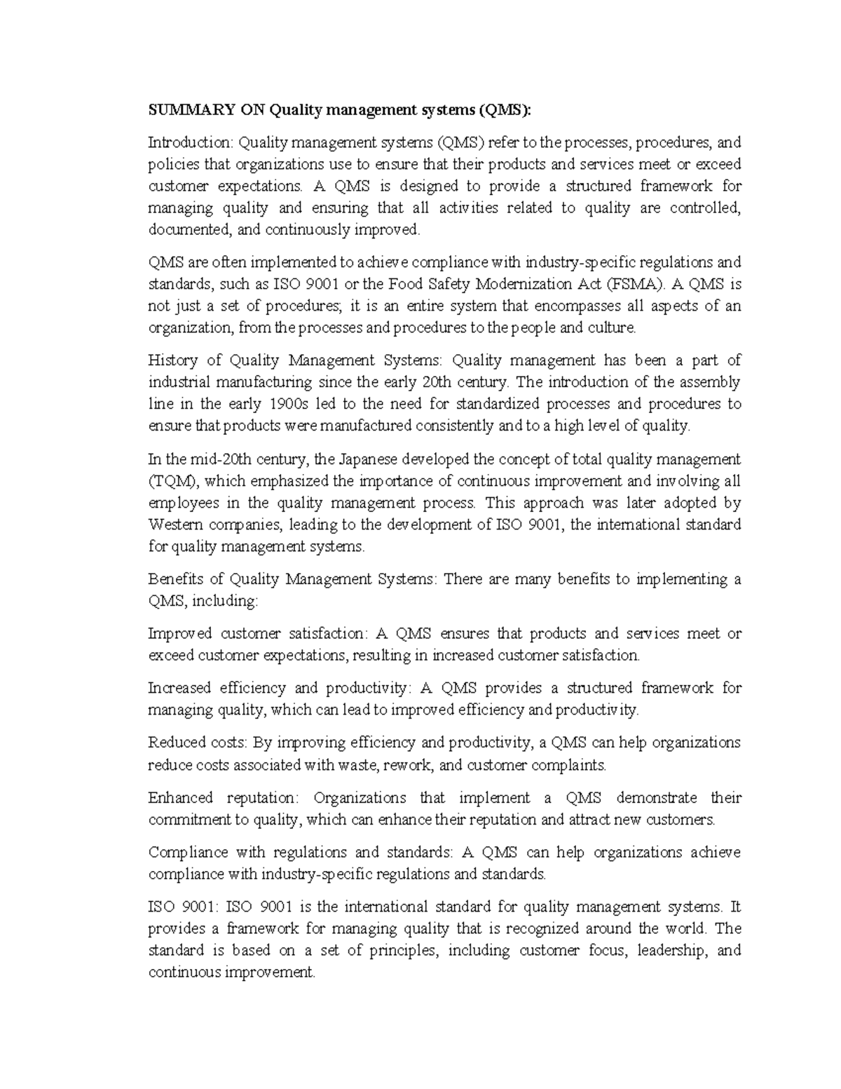 Summary on Quality management systems (QMS) - SUMMARY ON Quality ...