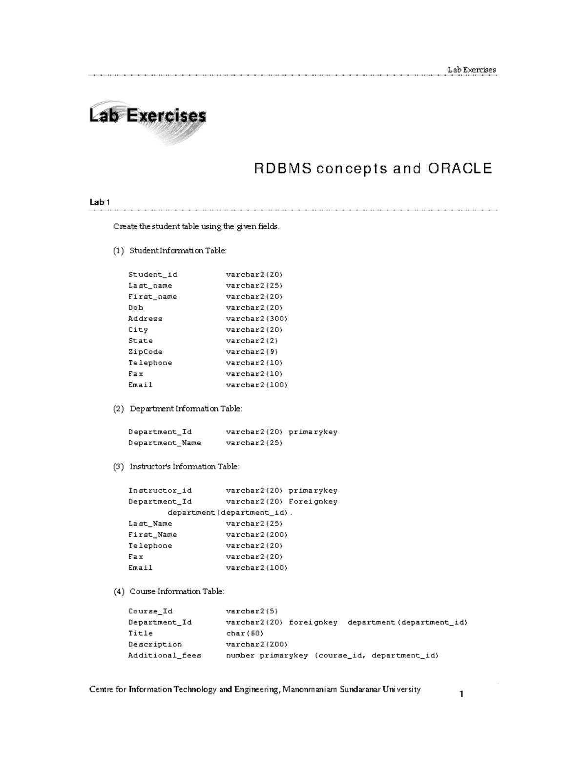16. Ordbms Concepts and Oracle-Lab Exercises and Solutions - Lab Exercises Lab 1 Create the ...