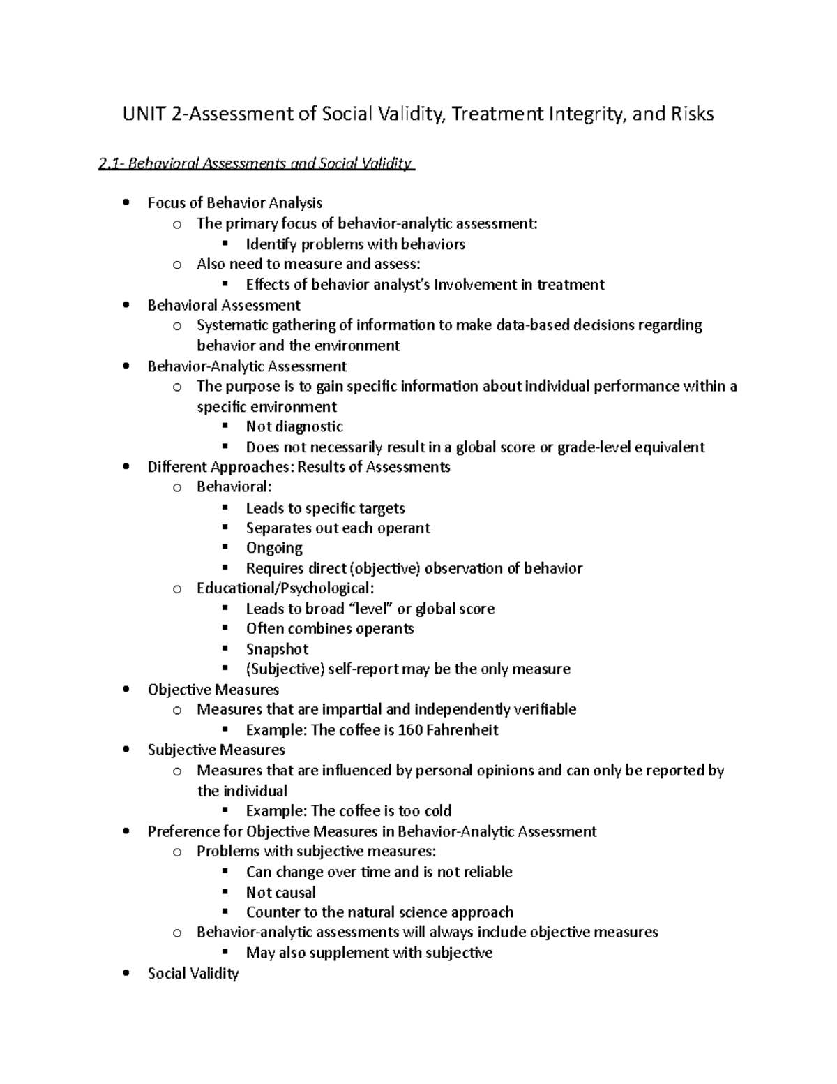 UNIT 2 BEH 5047 FIT - UNIT 2-Assessment of Social Validity, Treatment ...