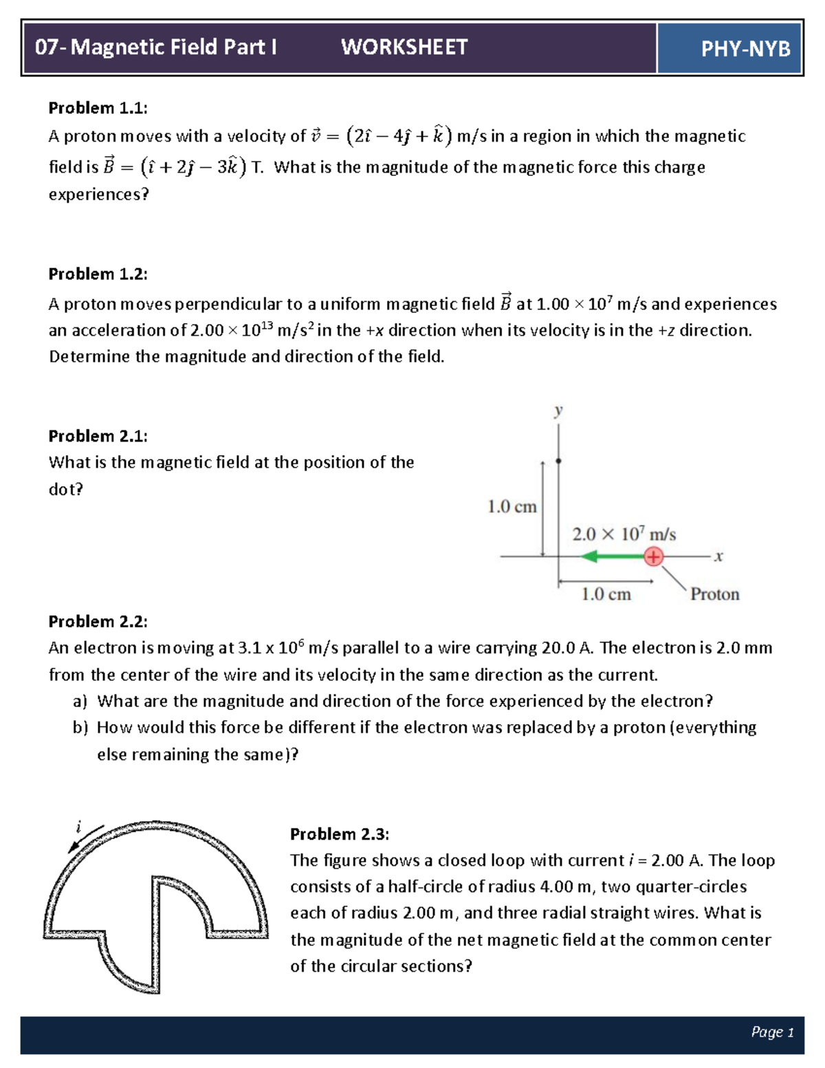 NYB-Worksheet-07 W22 - exercises - 07 - Magnetic Field Part I WORKSHEET ...