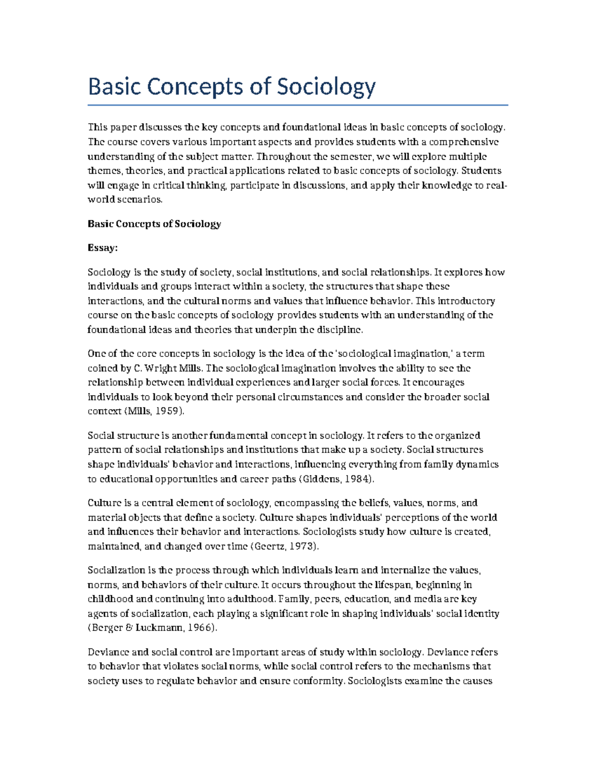 Basic Concepts of Sociology - The course covers various important ...