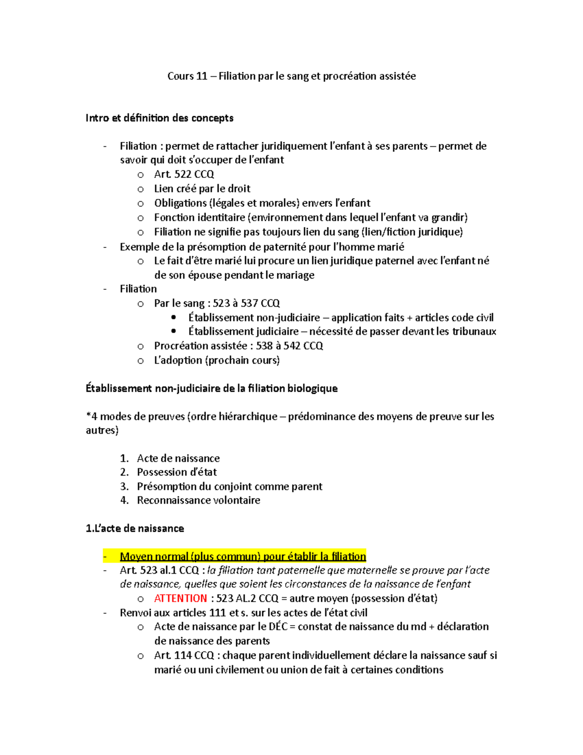 Cours-11 - cour 11 - Cours 11 – Filiation par le sang et procréation ...