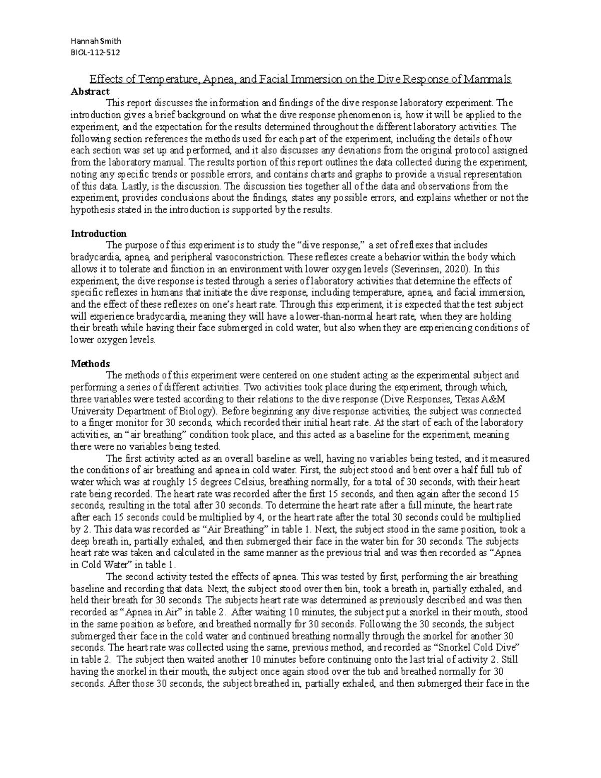 Dive Response Lab Report - Hannah Smith BIOL-112- Effects of ...
