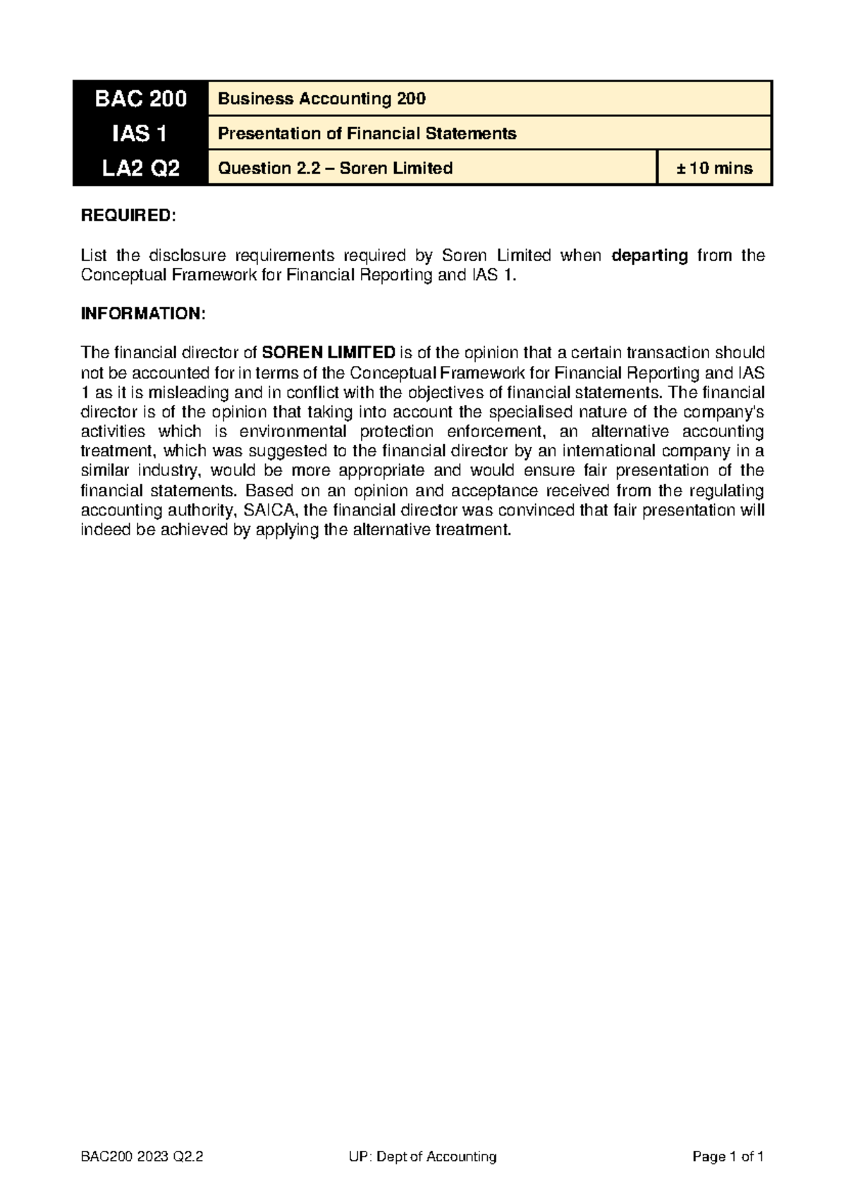 LA2 - Question 2.2 (Soren Limited) - BAC200 2023 Q 2. 2 UP: Dept of ...