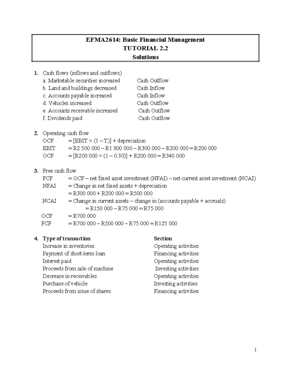 Present Value Calculations - EFMA2614: Basic Financial Management TUTORIAL 2. Solutions 1. Cash ...