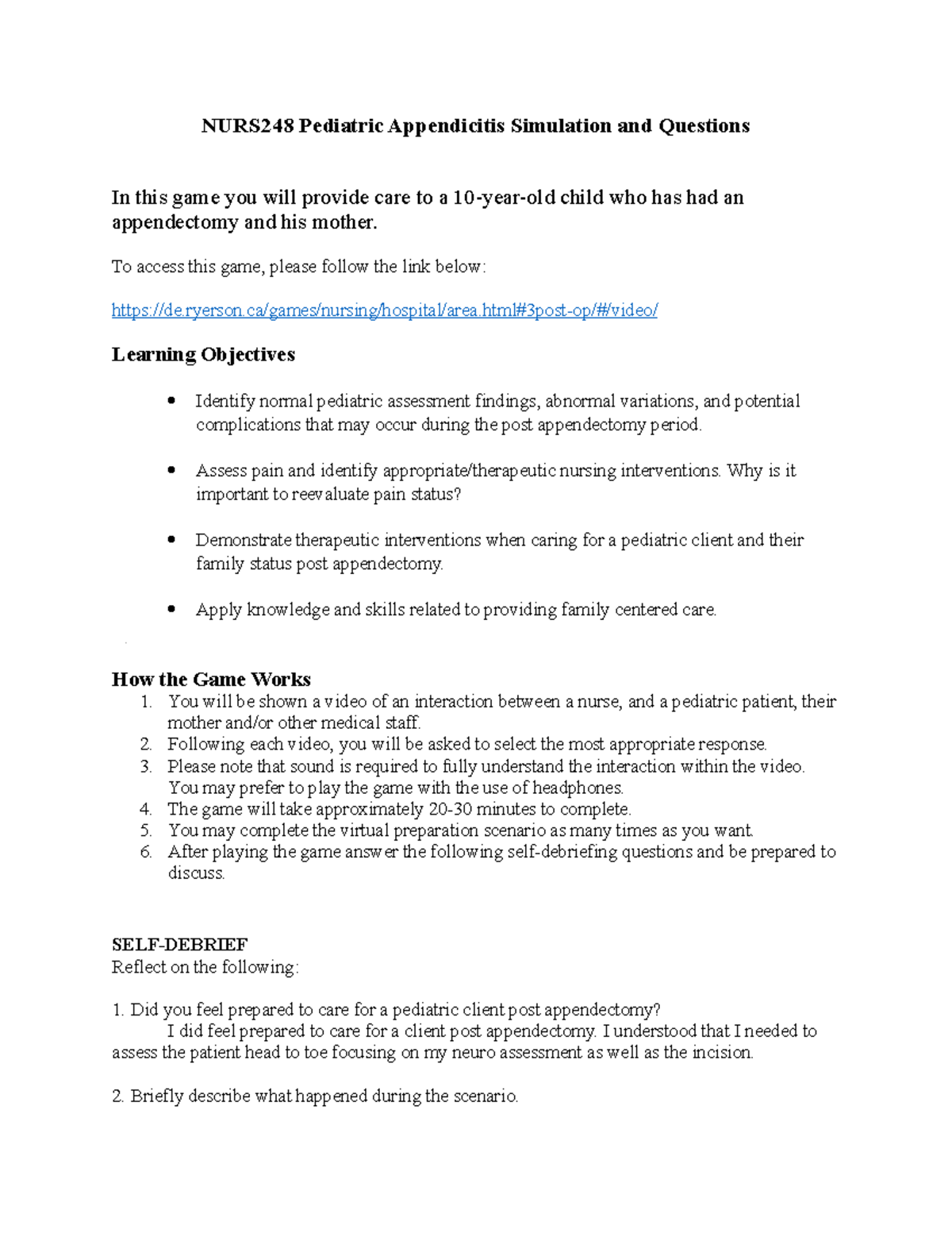 Appendicitis Sim - Assigned for pediatric community clinical - NURS248 ...