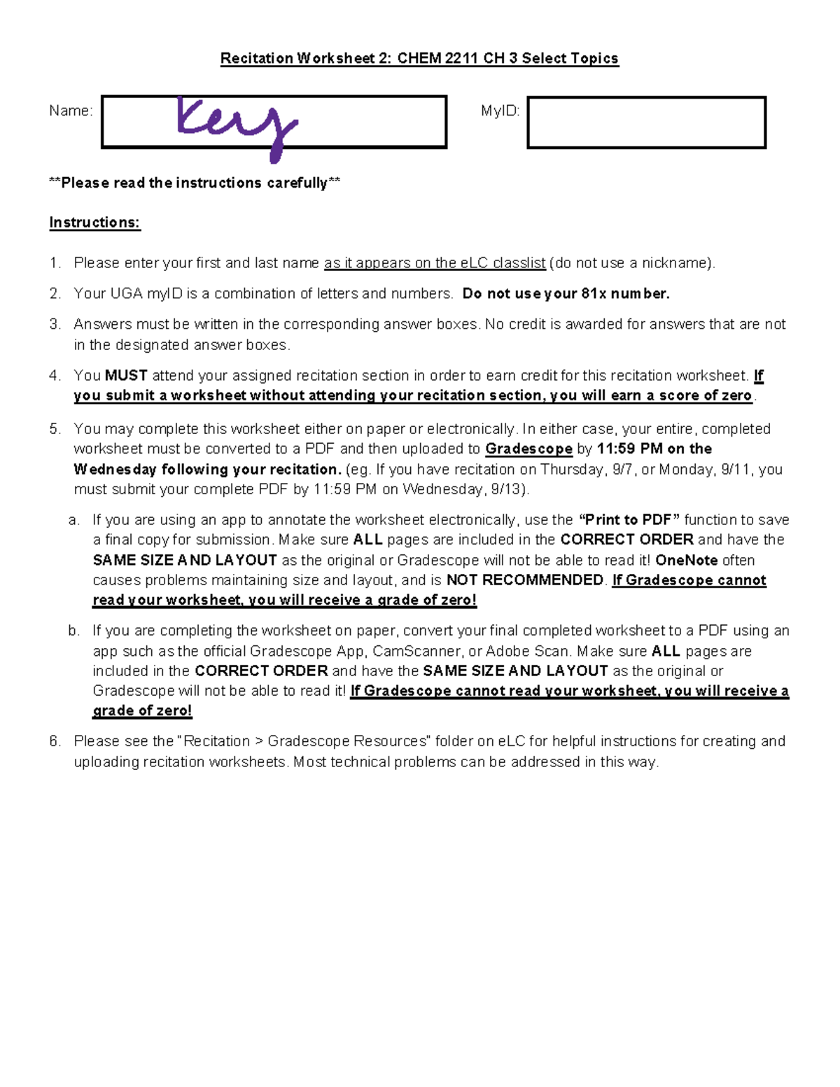 CHEM 2211 Recitation 02 (CH 3 Select Topics) Key - Recitation Worksheet ...
